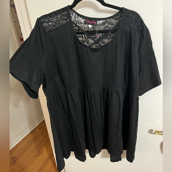 Tops | 24 Hanna Nikole Black Babydoll Shirt With Lace Trim Nwt | Poshmark